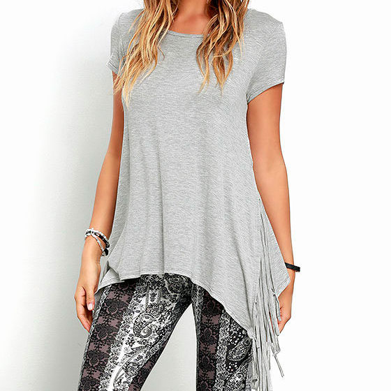 Womens Cotton Blend Short Sleeve Loose Fit Summer Casual Tassel Fringed T Shirts Uneven Hem