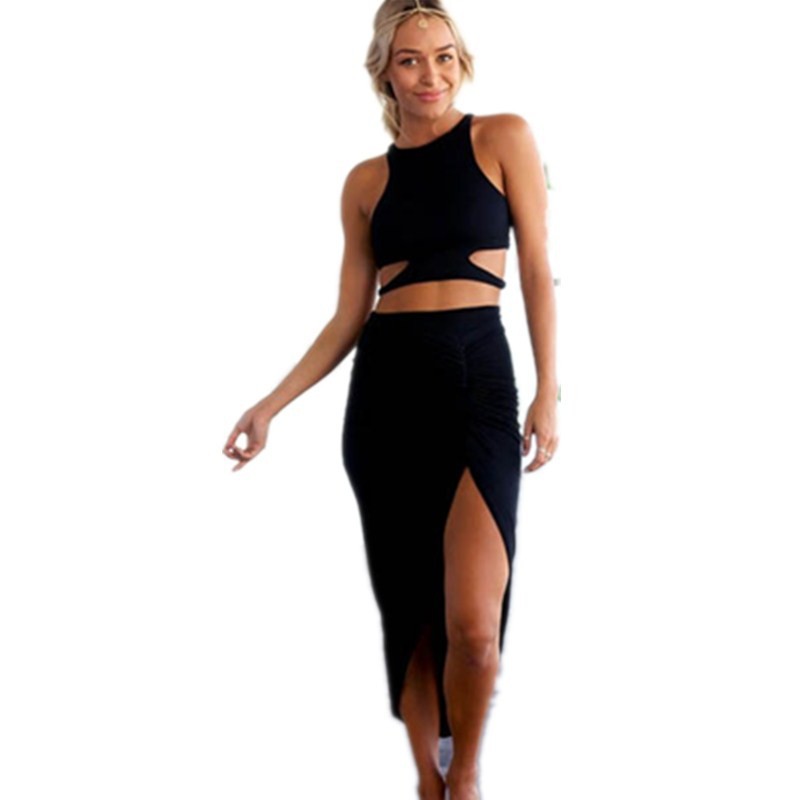 Women Hot Sexy High Waist Side Open Leg Slit Split Long Maxi Skirt Brown Asymmetrical Skirt 2015