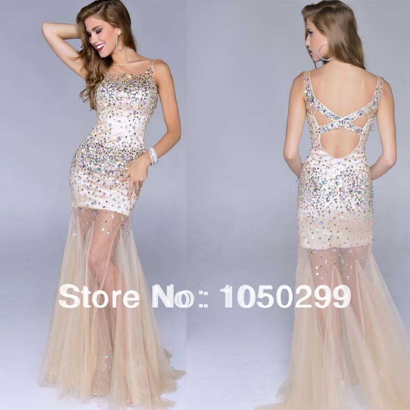 Nude Open Back Evening Gowns Mermaid Bateau Neckline See Through Bottom Crystal Beaded Bodice